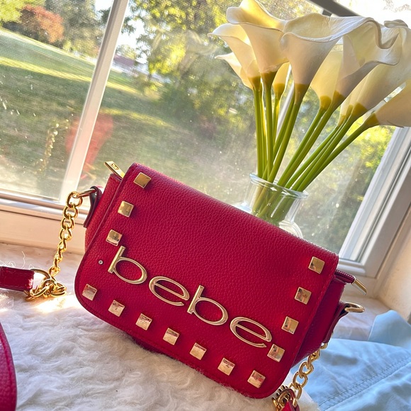bebe | Bags | Bebe Maroon Burgundy Gold Stud Chain Faux Leather ...